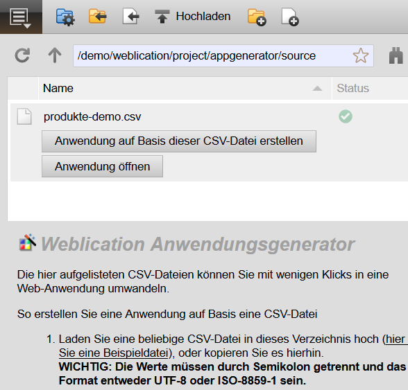 CSV-Datei generiert Web-Anwendung in Weblication®